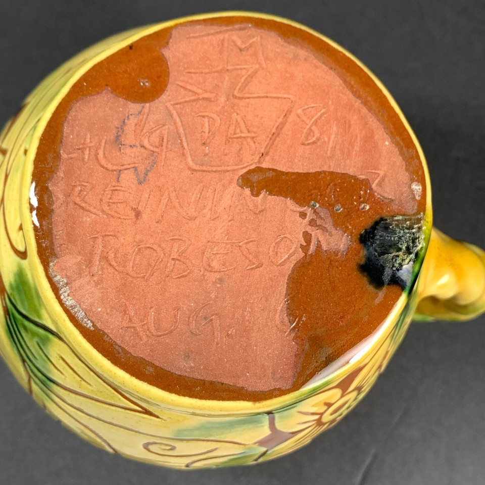 Lester Breininger 1981 Pottery Pitcher 5⅜" tall PA Redware Sgraffito ...