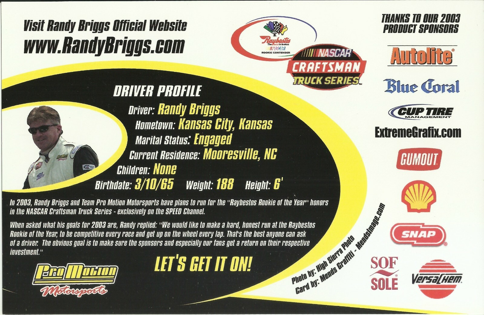 Randy Briggs NASCAR Truck Series Original Autograph 6x9 Signed Hero ...