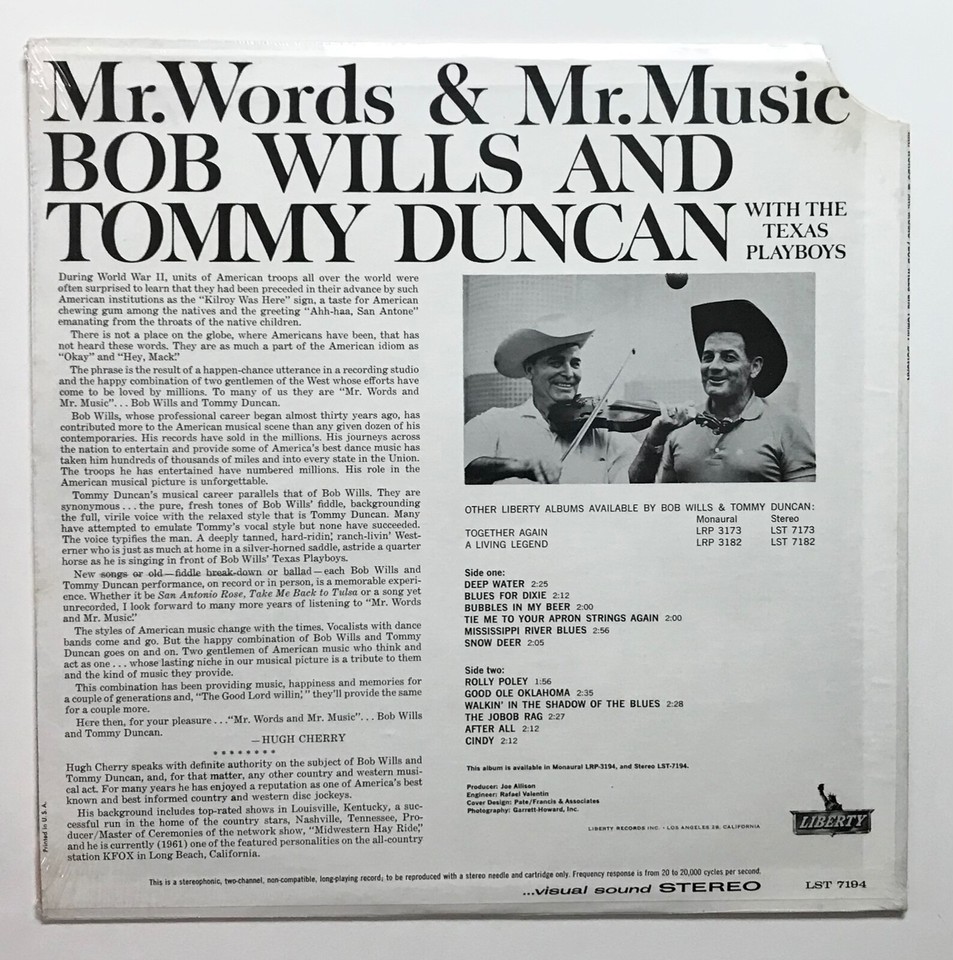 BOB WILS & TOMMY DUNCAN: Mister Words Music (Vinyl LP Record Sealed) | eBay