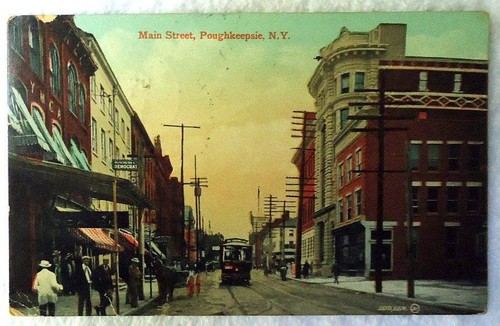 1910 POSTCARD RAILROAD TRAIN TROLLEY MAIN STREET POUGHKEEPSIE NEW YORK ...