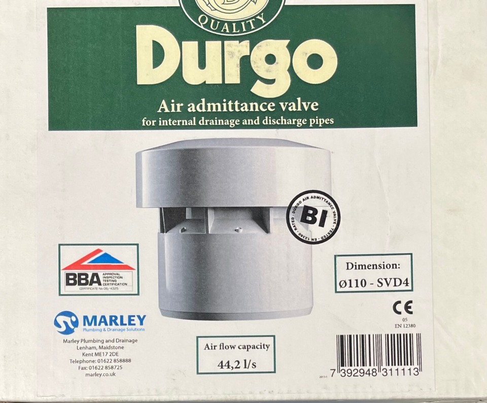 Durgo 110mm air admittance valve for internal drainage. Marley 4". BNIB ...