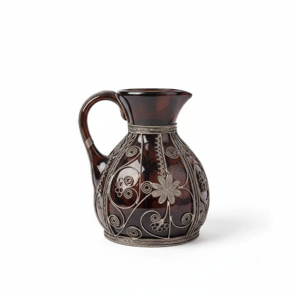 Amber-Rose Hand Blown Glass Pitcher Jug Adorned with Decorative Wire ...
