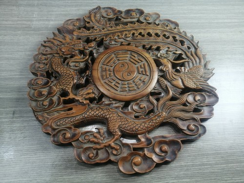 Chinese Antique Boxwood Carving Exquisite Dragon Phoenix Screen Home ...