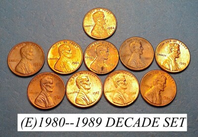 1980--1989- LINCOLN MEMORIAL DECADE SET '82 COPPER COIN 3.1 G'S LG DATE ...