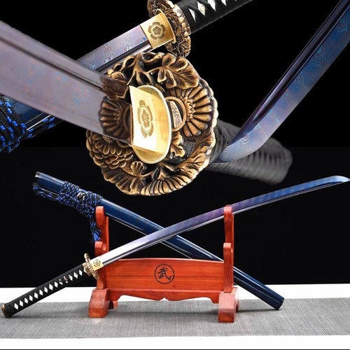 Japanese Sword Samurai Katana Very Sharp Blue&Red Damascus Steel Blade ...