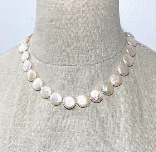 18" PINK BLUSH COIN PEARL (FLAT) NECKLACE , 14K GOLD CLASP, 14-15MM ...