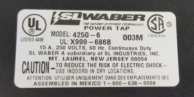 SL Waber 4250-6 4 Outlet Power Strip NEMA 6-15 Sockets & L6-15P Plug ...
