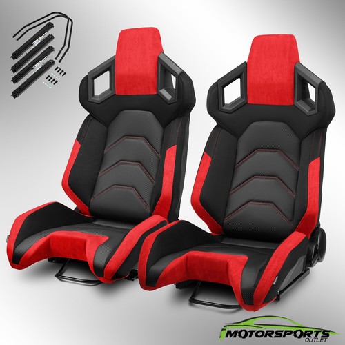 [Pure Series] Pure Black+Red Reclinable PVC Car Racing Seats Pair W ...