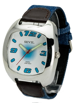 SEVIL:DENIM LEATHER BAND BLUE DIAL GLOW HANDS ANALOG QUARTZ WATCH | eBay