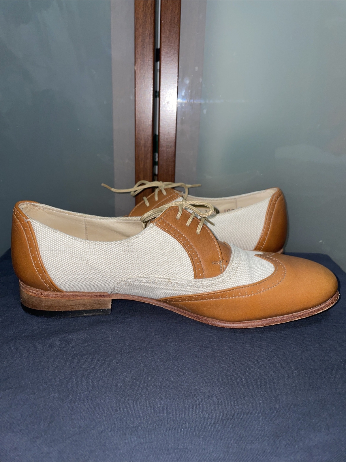 DIEPPA RESTREPO Brown & Beige Leather Canvas Wingtip Cap Toe Flat Shoes ...