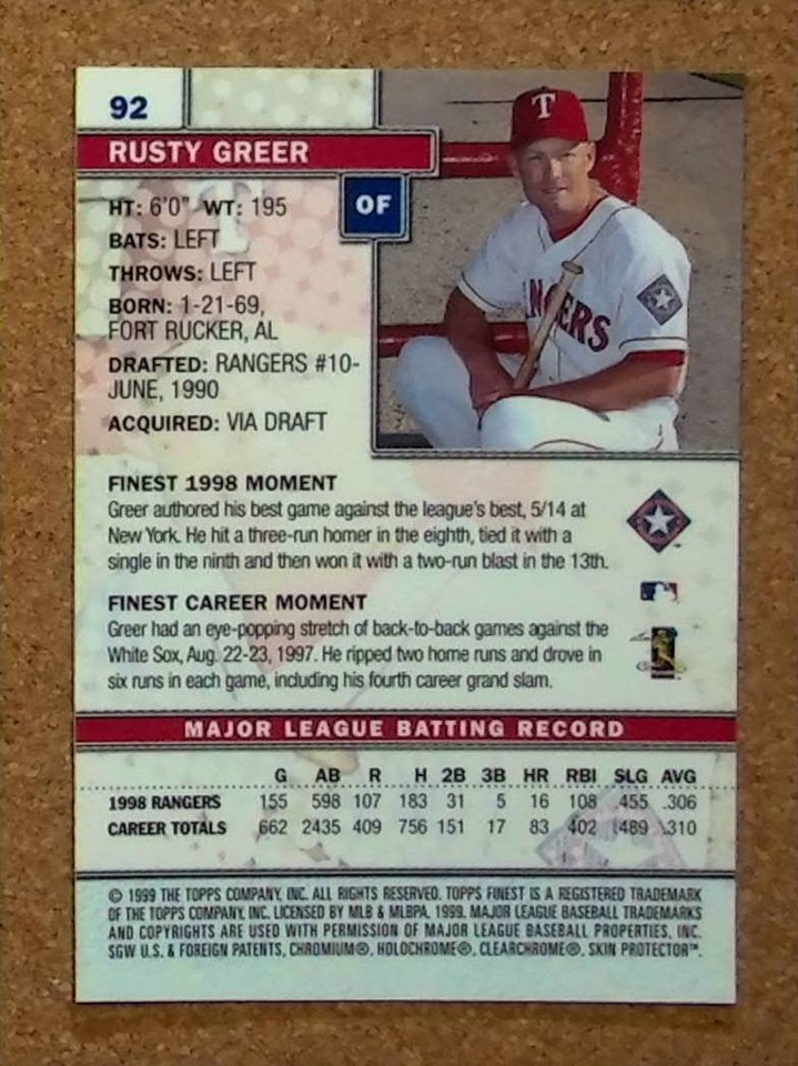 1999 Finest #92 Rusty Greer Texas Rangers Baseball Card | eBay