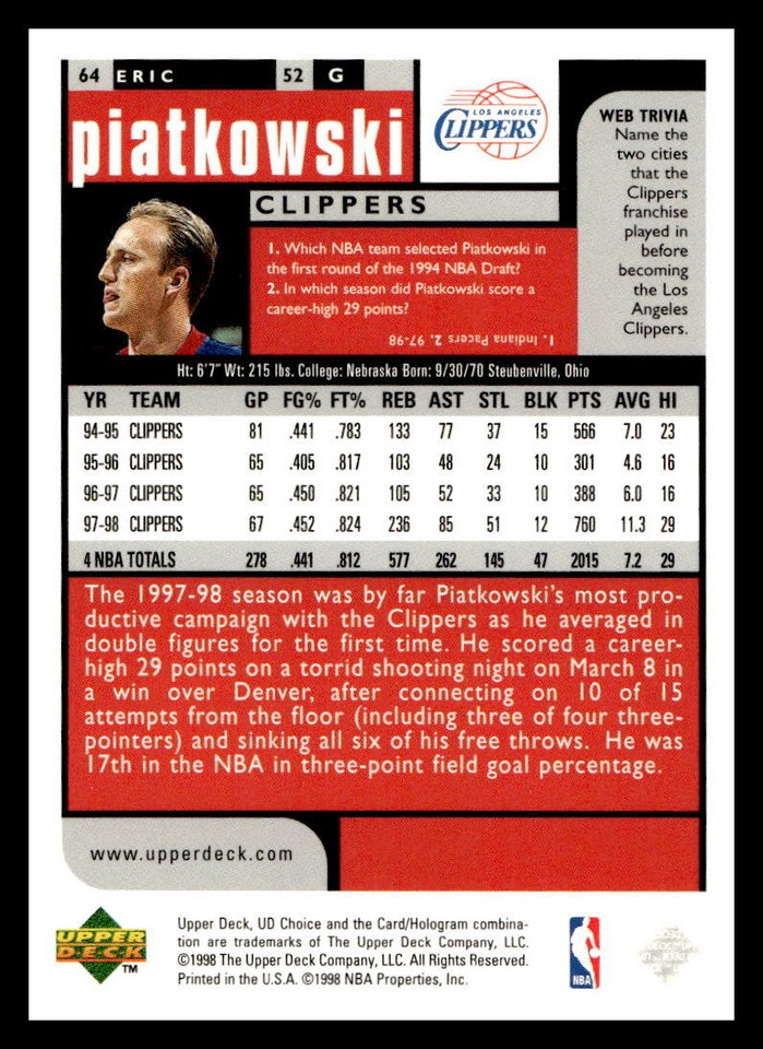 1998 UD Choice Preview #64 Eric Piatkowski Los Angeles Clippers | eBay