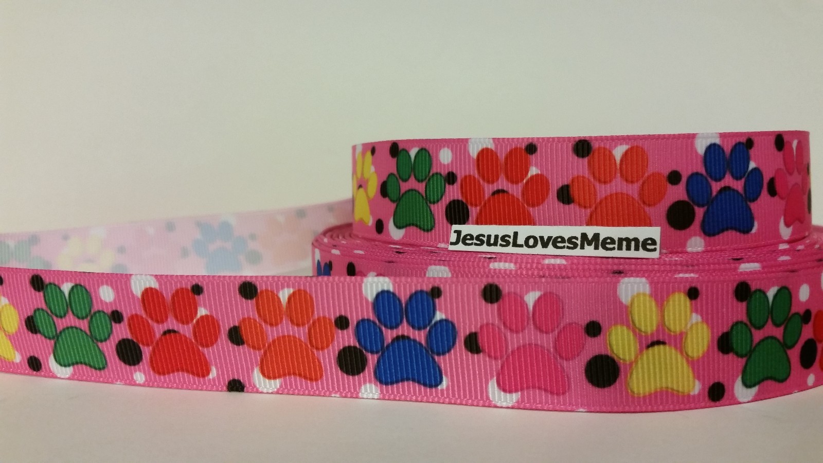 Grosgrain Ribbon, Multi Color Dog Paw Prints on Pink with Black Polka ...