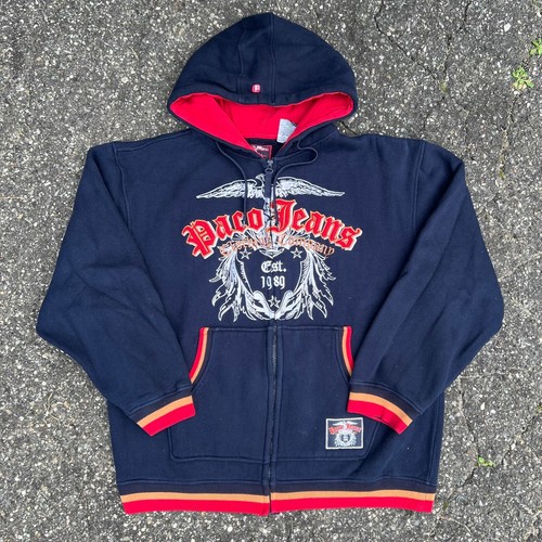 Vintage paco jeans navy blue y2k zip up graphic hoodie sweatshirt | eBay