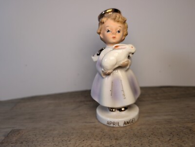 Vintage April Birthday Angel Holding Bunny Ceramic Gold Accents Japan ...