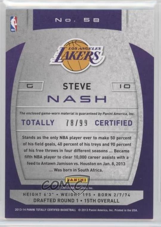 2013-14 Totally Certified Memorabilia Totally Blue /99 Steve Nash #58 ...