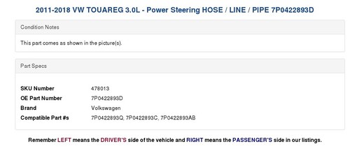 0EM Power Steering HOSE LINE PIPE For 2011-2018 VW TOUAREG 3.0L ...