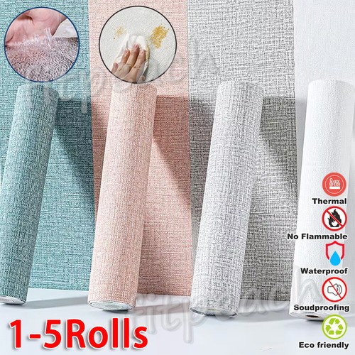 5X 3M Self-Adhesive Thermal Insulation Linen Wallpaper Plain Thick Wall ...