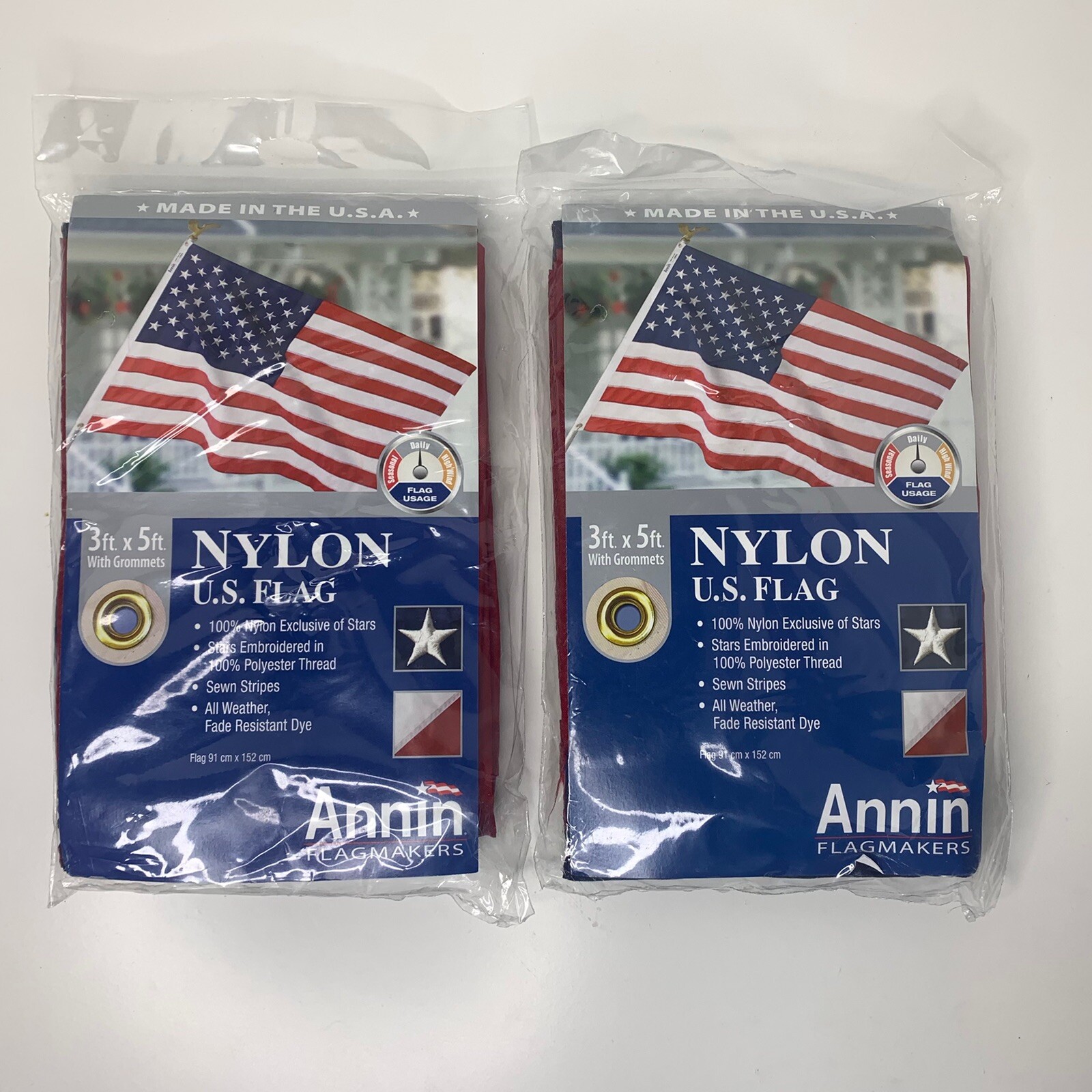 (2) Annin 3’ x 5’ Nylon US FLAG Grommet Embroidered Stars Stripes USA ...