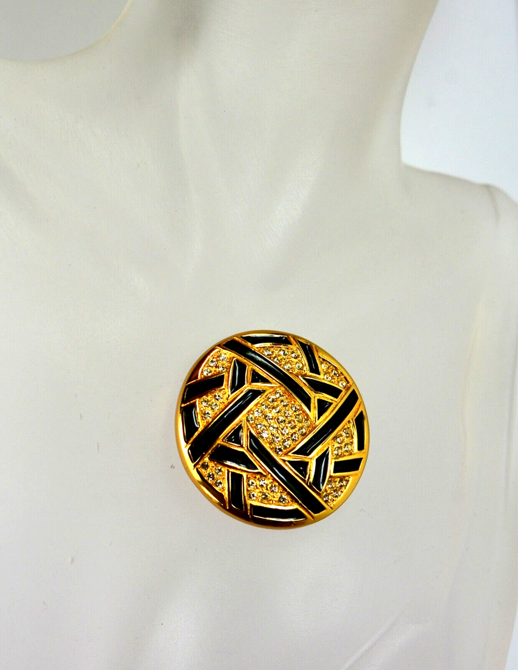Christian Dior Vintage Brooch Pin Disc Gold Plated Black Enamel ...