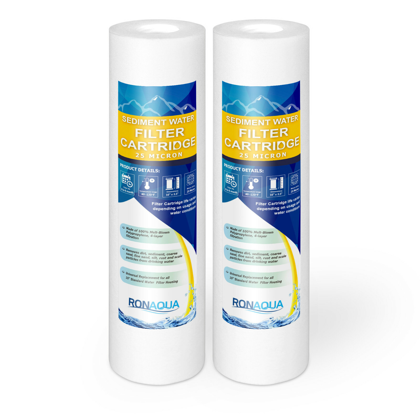 2 Sediment 25 Micron Water Filter Cartridges 2.5" x 10" for Reverse ...