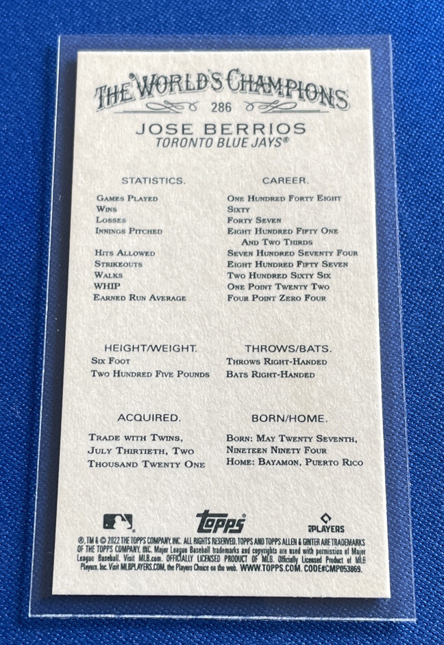 2022 Topps Allen & Ginter's - Mini #286 José Berríos Toronto Blue Jays ...