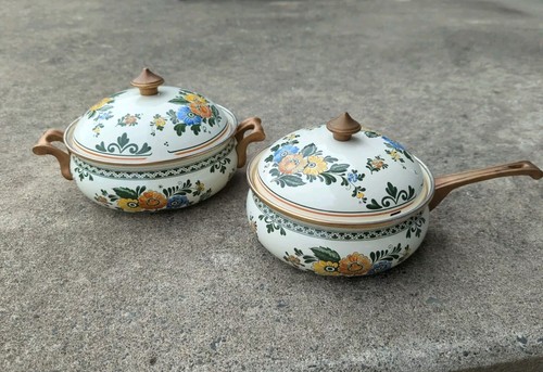 Vintage ASTA Enamelware Cookware W/ Lid 2 Pc Set Floral Old Amsterdam ...