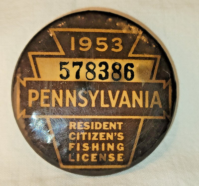 1953 PA Pennsylvania FISHING LICENSE BUTTON Pin Pinback Badge Resident ...