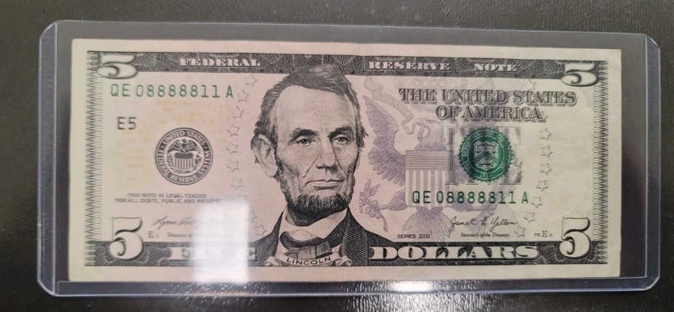 Near Solid 5 Of A Kind 8's 08888811 $5 Five Dollar Bill Fancy Serial ...