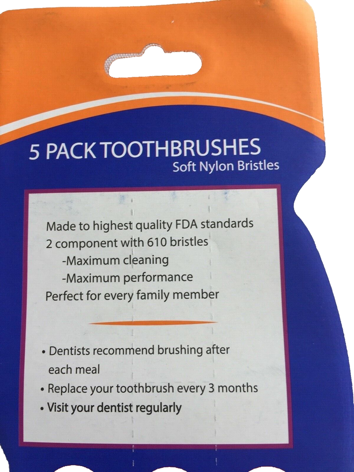 Brush 'n Clean 5 Pack Soft Nylon Bristle Toothbrushes NEW in PKG w ...
