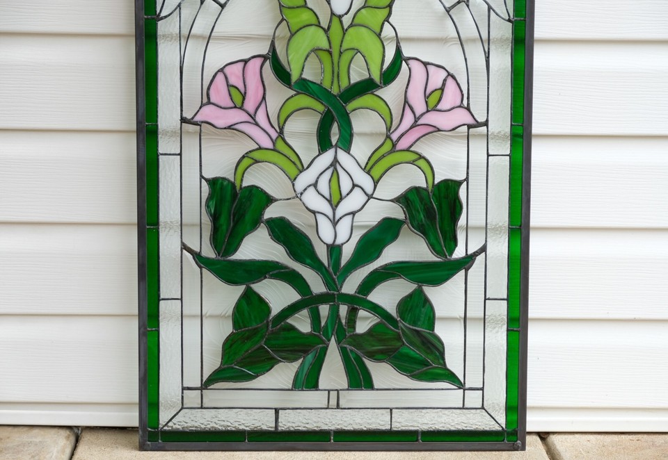 20.5" x 34.75" Tiffany style Stained glass window panel Lily Flower ...