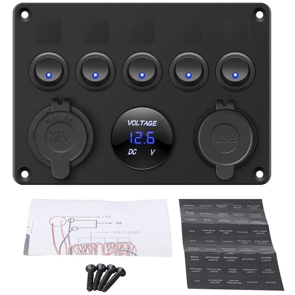 5 Gang 12V 24V Inline Fuse Box LED Switch Panel Dual USB Car Boat Truck ...