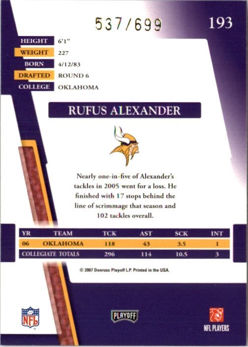 2007 Absolute Memorabilia Retail Football Card #193 Rufus Alexander ...