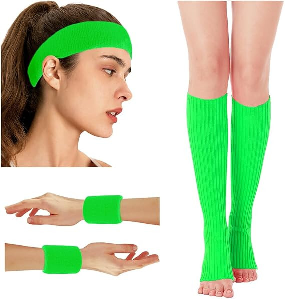 80s Neon Green Dance Workout Sport Cosplay headband sweatband leg ...