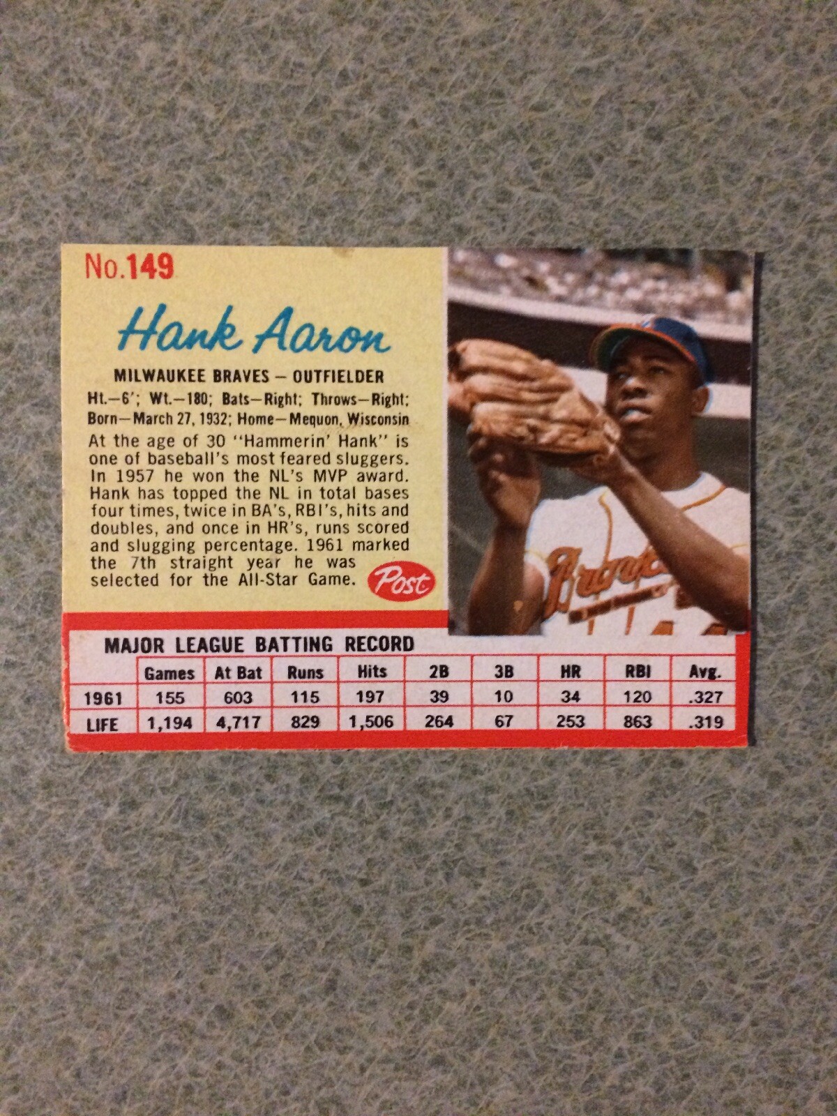 1962 Post Hank Aaron No 149 | eBay