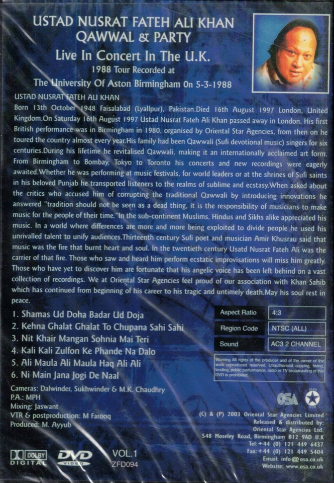 Ustad Nusrrat fateh ali khan - Qawwal & Party - [ DVD ] | eBay