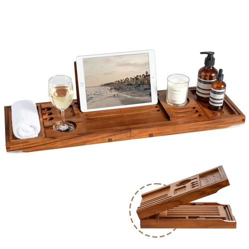 Teak Bathtub Tray | Adjustable Width Tray with Wine Holder, Tablet ...
