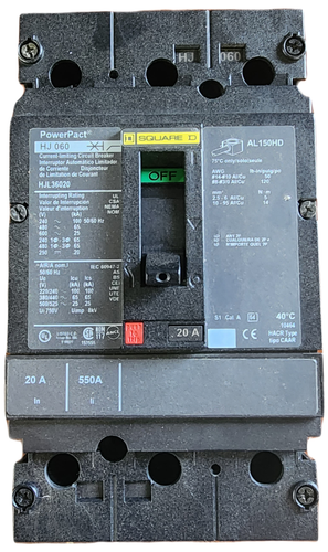 Square D. PowerPact. HJL36020. HJ 060. Circuit Breaker 20A. 3 Pole 600v ...