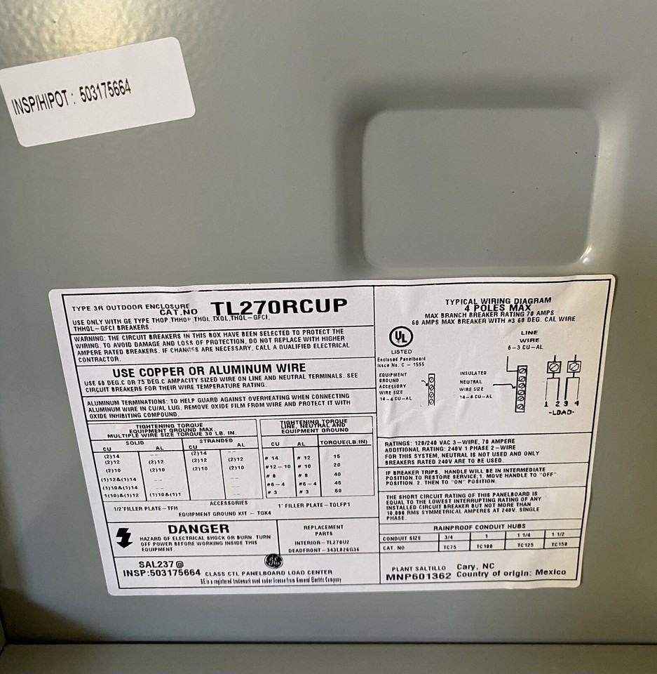 GE ENERGY INDUSTRIAL SOLUTIONS TL270RCUP 70A Lug Out Load Center(FREE ...