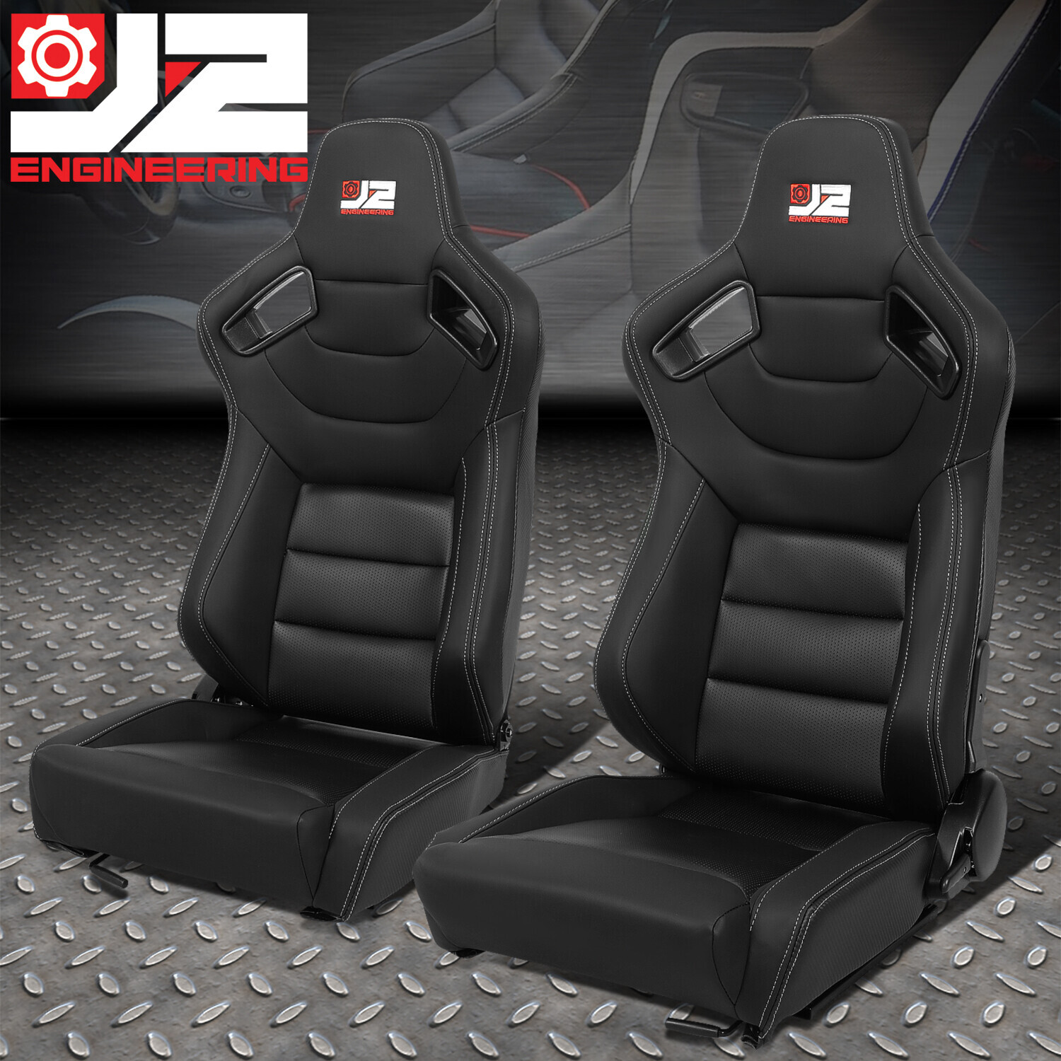 2X J2 UNIVERSAL BLACK SYNTHETHIC LEATHER RECLINEABLE BACK BUCKET RACING ...