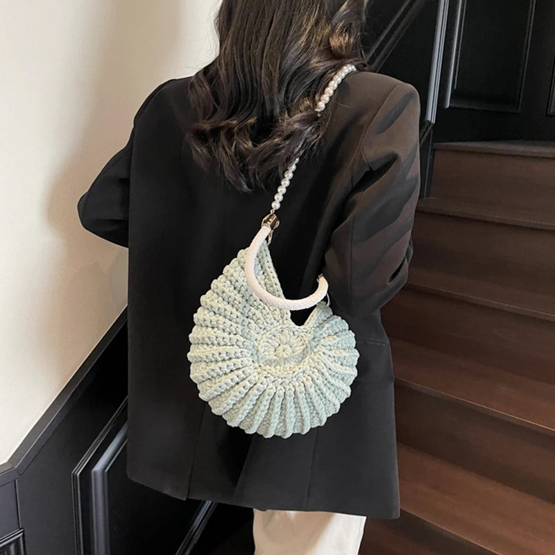 Conch Shell Knit Crochet Crossbody Shoulder Bag,Pearl Chain Handmade ...