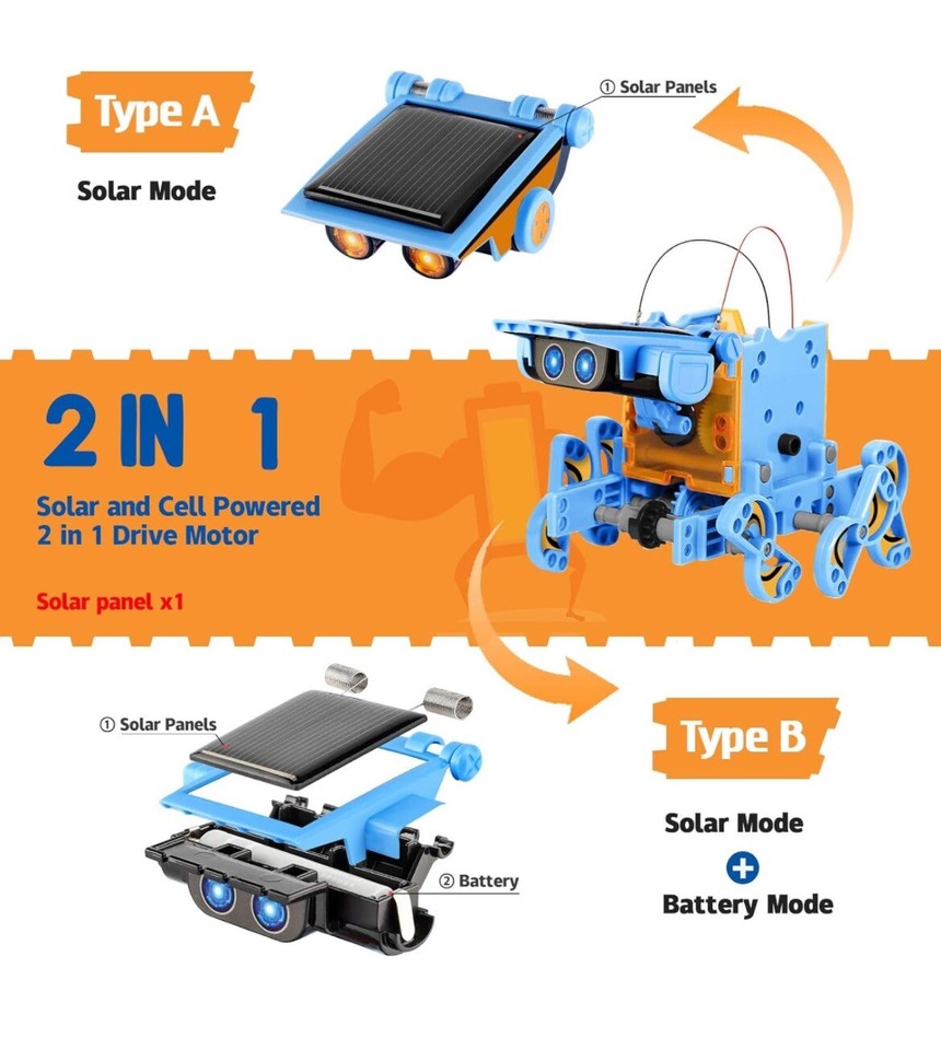 Solar Robot Toys for Kids, 190 Pieces Solar and Cell Powered Dual Drive ...