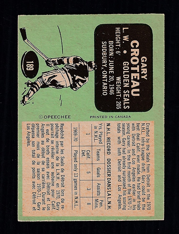 1970-71 GARY CROTEAU #189 EX-MT+ ROOKIE OPC * Golden Seals Star NHL ...