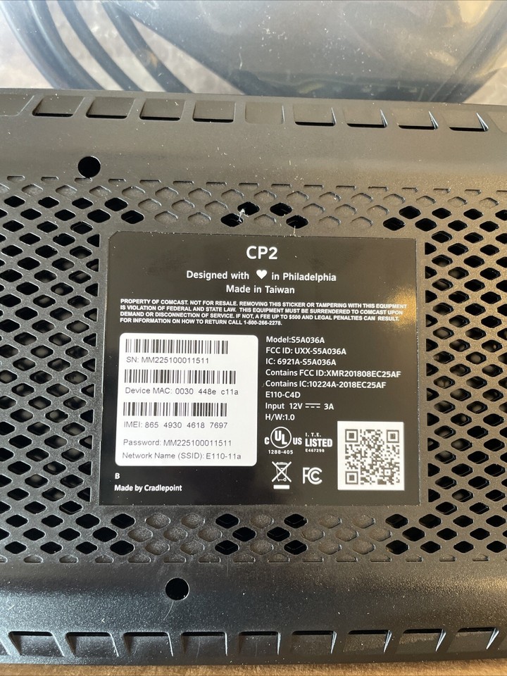 Cradlepoint E100 Series E110-C4D Router + Battery Comcast Business CP2 ...
