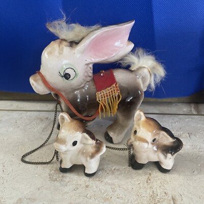 Vintage Donkey Figurines Fur Chain Babies Burro Mule Painted Ceramic ...