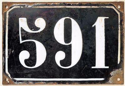 Large old black French house number 591 door gate plate plaque enamel ...