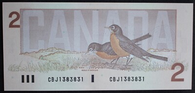 1986 BANK OF CANADA $2 RADAR - 3 DIGIT BANK NOTE - Prefix CBJ - Bonin ...