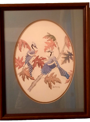 Gene Murray Watercolor Two Bluejays Autumn Leaves | eBay