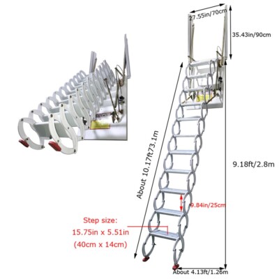 9.18Ft Al-Mg Alloy White Side-mounted Loft Wall Ladder Stairs Foldable ...