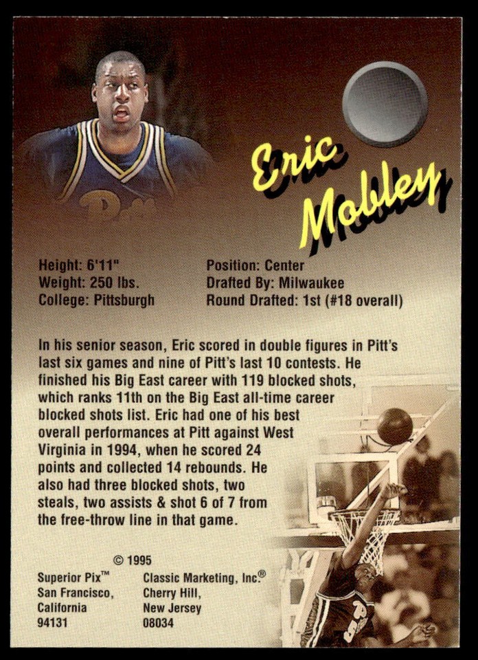 1995 Classic Superior Pix #17 Eric Mobley Basketball Pittsburgh ...
